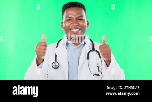 Doctor, black man and smile on green screen with thumbs up, face and ...