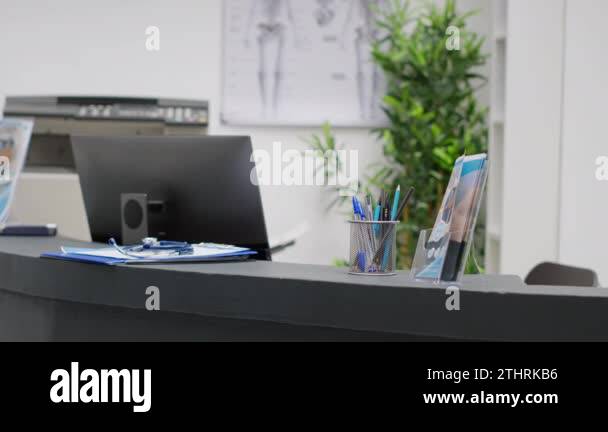 Empty hospital reception counter at emergency clinic, desk to make ...