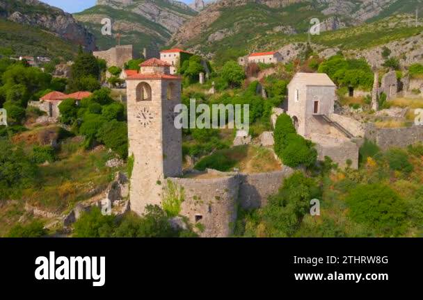 The drone footage captures the stunning ruins of Stari Bar, with stone ...
