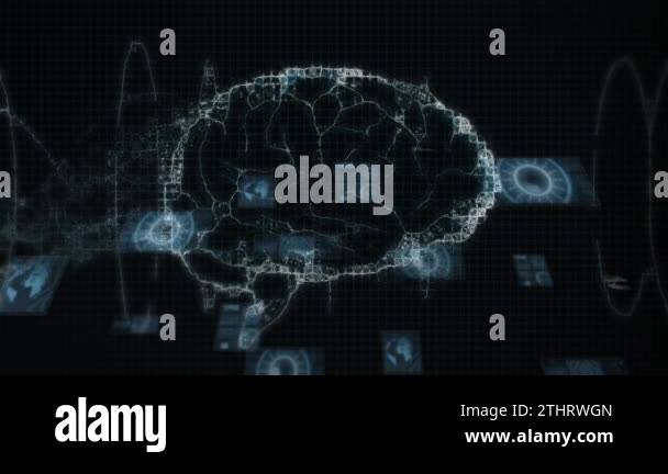 Animation of digital human brain rotating and display screens with ...