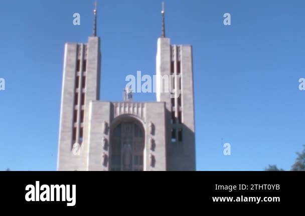 Front view of the Cathedral of Mary Our Queen against a clear blue sky ...