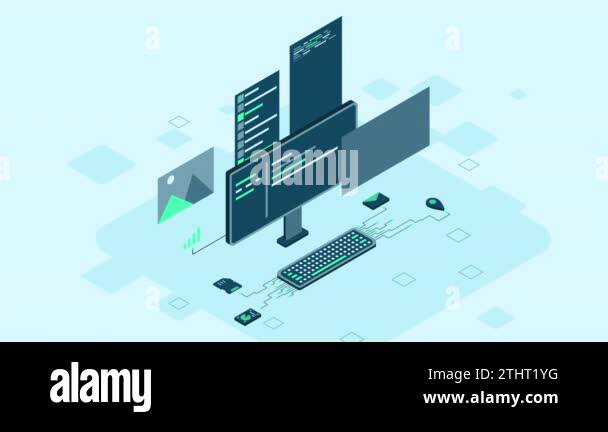 Isometric desktop computer. Coding programming technology. Programming ...