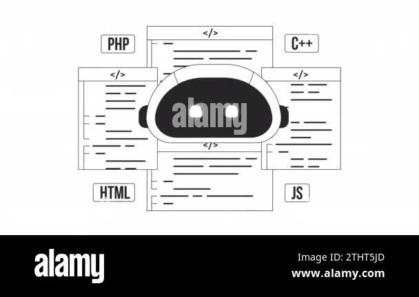 AI-assisted programming bw animation. Animated bot with scripts 2D flat ... AI-assisted programming bw animation. Animated bot with scripts 2D flat ...
