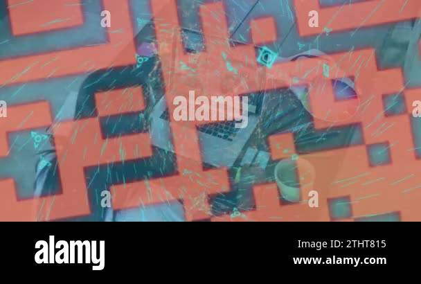 Animation of orange qr code over african american woman video ...