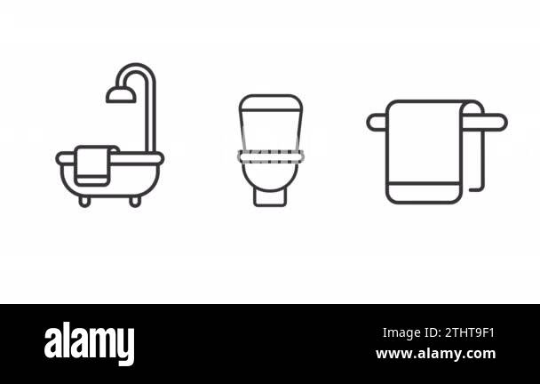 Bathroom linear animation set. Personal hygiene. Bath interior. Hotel ...