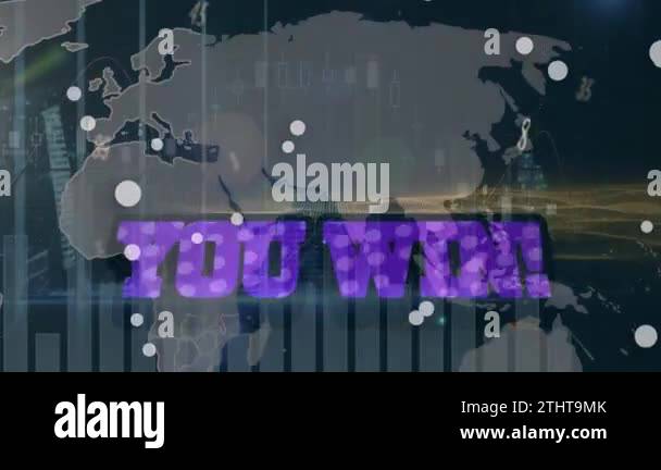 Animation of you win text banner and white spots against world map and ...