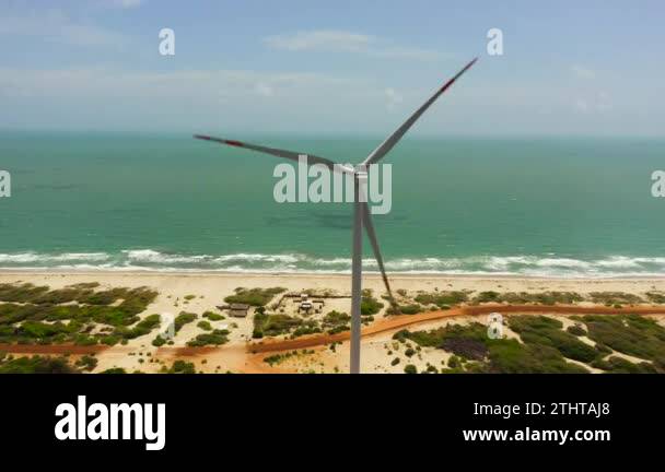 Aerial view of Wind turbines for electric power production on the ...