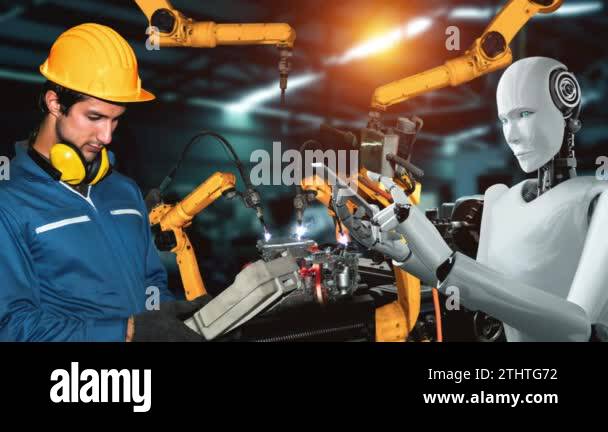 Cybernated industry robot and human worker working together in future ...