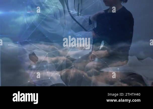 Clouds sky and dots connecting with lines moving over asian doctor ...