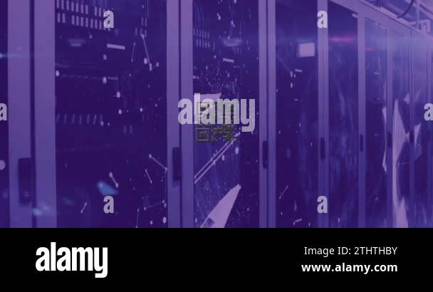 Animation of qr code and network of connections over server room ...