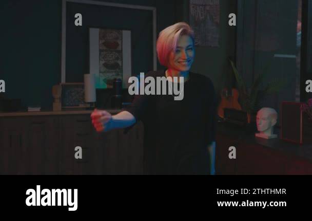 Influencer On Social Media. Young Woman Stands On Background Of ...