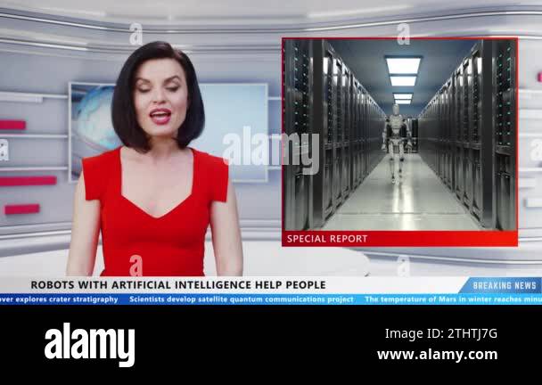 Woman TV presenter reporting on new technologies and robots with artificial intelligence on ...