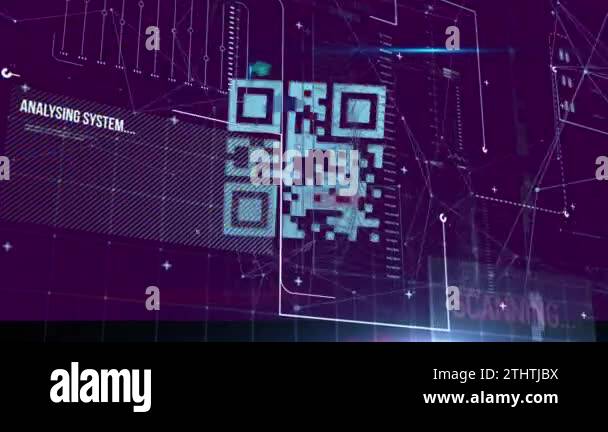 Animation of dots interconnecting with lines over the qr code and graphs. Digitally generated ...