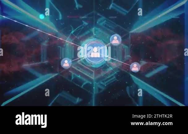 Animation of hexagon shapes zooming on profile icons connecting dots on digital interface ...