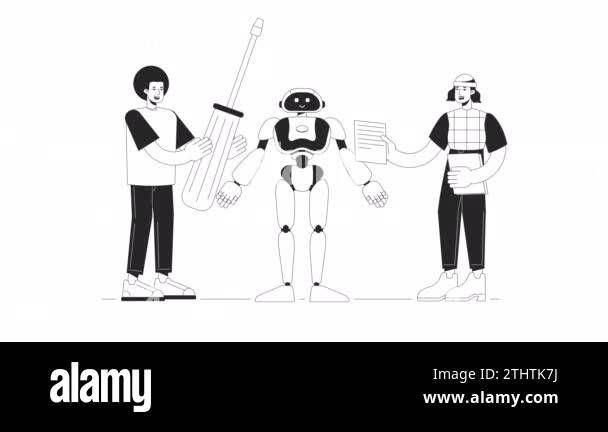 Building Humanoid Robot Bw Animation Animated Robotics Engineers 2d Flat Monochromatic Thin 