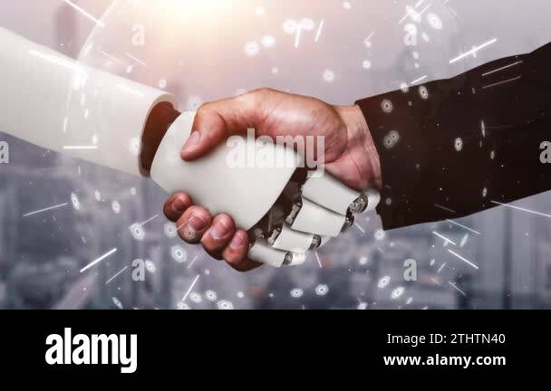 3D rendering hominoid robot handshake to collaborate future technology development by AI ...