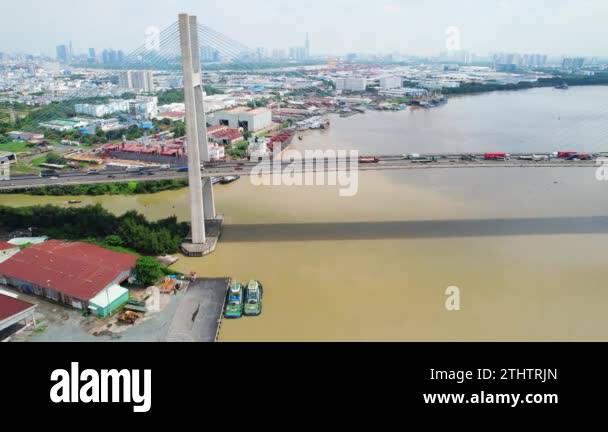 Drone view of Phu My bridge in Ho Chi Minh city, Vietnam. This is the ...