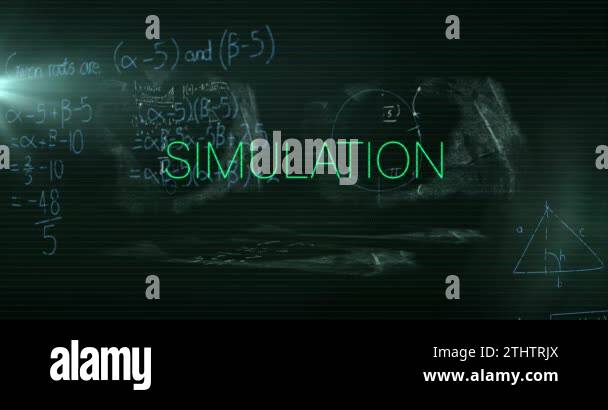 Animation of simulation text in green over mathematical equations and ...