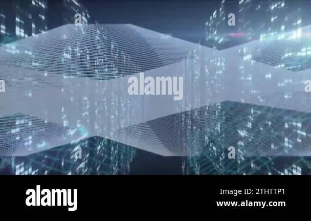 Animation of falling bar graphs and lens flare with abstract patterns in background. Digitally ...