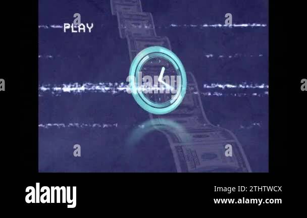 Animation of vhs glitch effect over neon ticking clock and us dollar ...