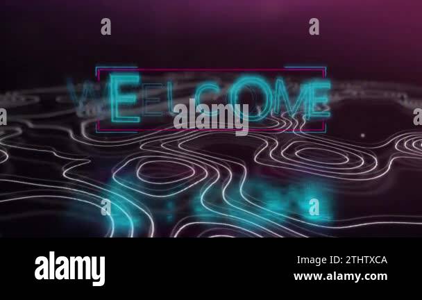 Animation of welcome neon text over moving shapes. social media and ...