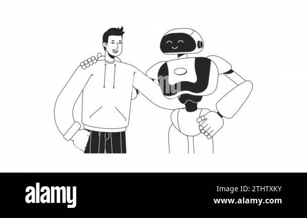 Human embracing robot bw animation. Animated android with guy 2D flat ...