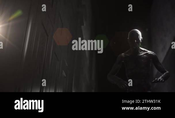 Animation of black and white scratched film of scary figure in dark ...