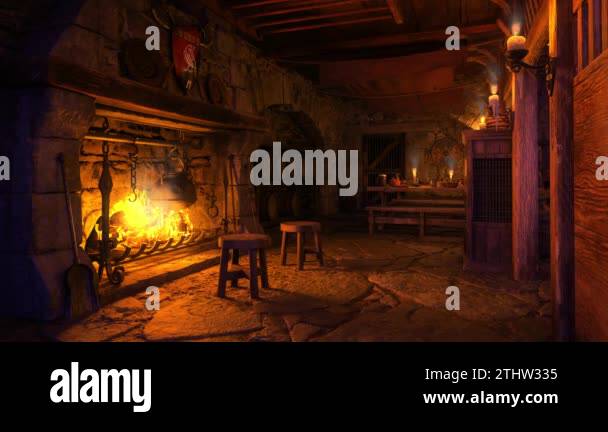 Fireplace with burning fire in an old medieval tavern bar. Candles ...