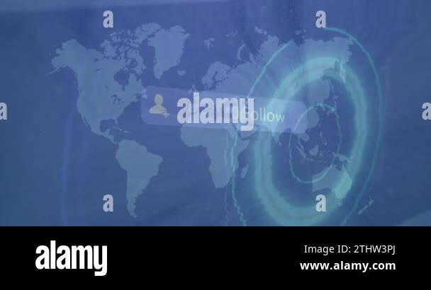 Animation of social media icons and numbers over world map. Global ...