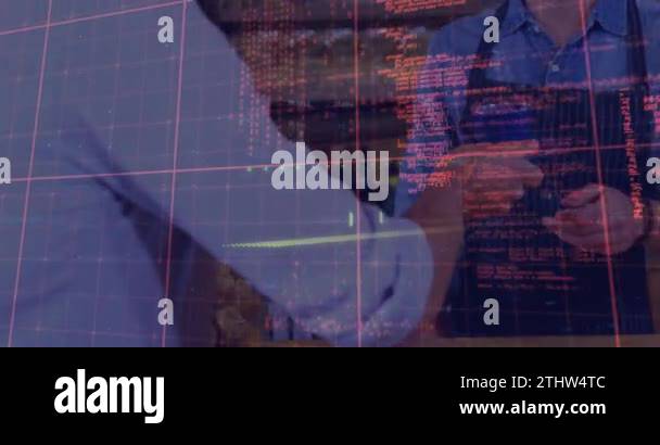Animation of digital programming data, grid pattern and line graph over ...