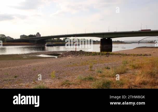 Extreme low water line in river Rhine Dsseldorf in extreme drought with ...