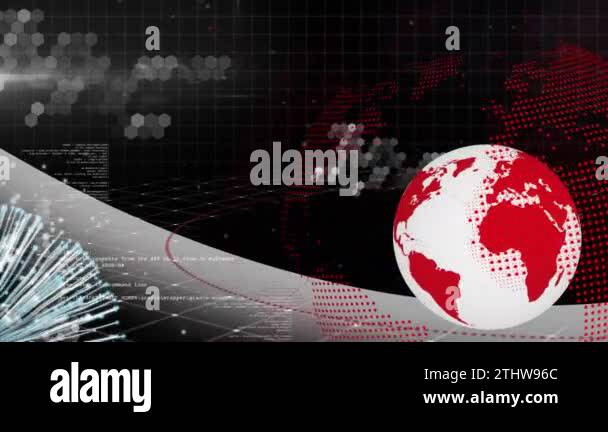 Animation of rotating globe, bokeh, flying particles and programming language over black ...