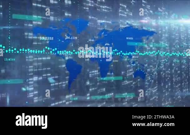 Animation of graphical interface with map and moving numbers and graphs and connecting the dots ...