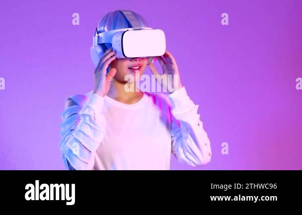 Metaverse concept, young asian woman short blue silver hair wearing ...