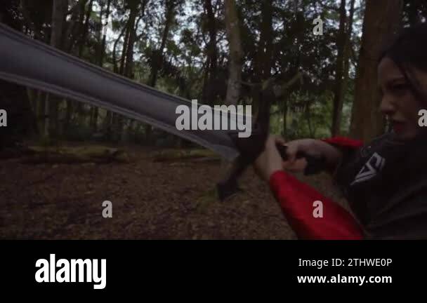 A Battle of a Chinese woman in red and black costumes fighting each ...