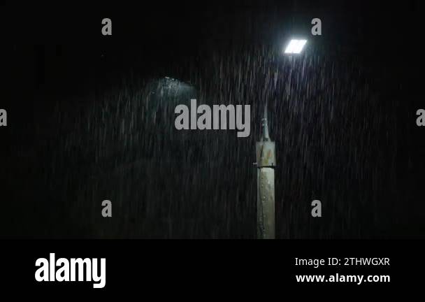Double led panel lamppost under heavy rain at night. Midsize view of ...