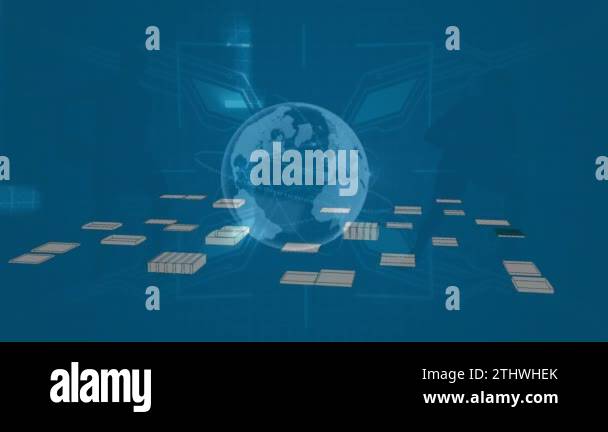 Animation Of Falling Binary Codes And Rotating Globe Over Blocks