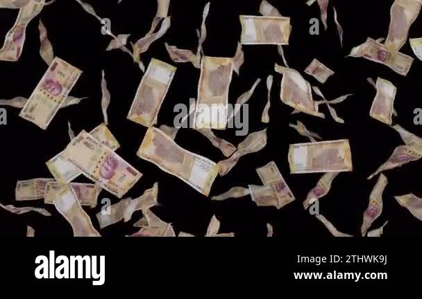 200 Indian Rupee bills falling down. Banknotes isolated on transparent ...