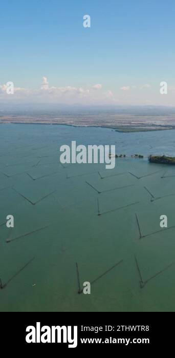 Aerial drone of Fish farm with cages for fish and shrimp. Fish ponds ...