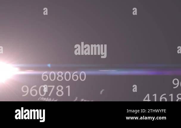 Animation of multiple changing numbers and light spot over data processing against grey ...