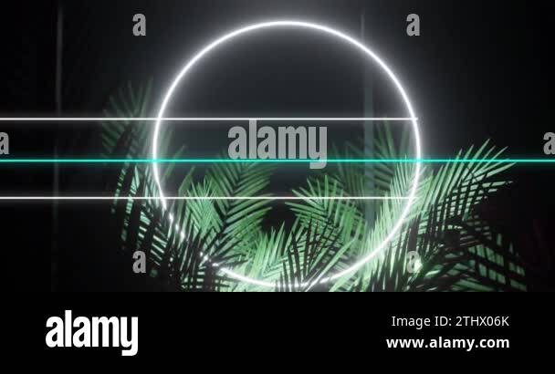 Animation of communication lines transferring data and white neon ring ...
