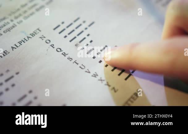 Man points finger on Morse code alphabet on page of educational book ...