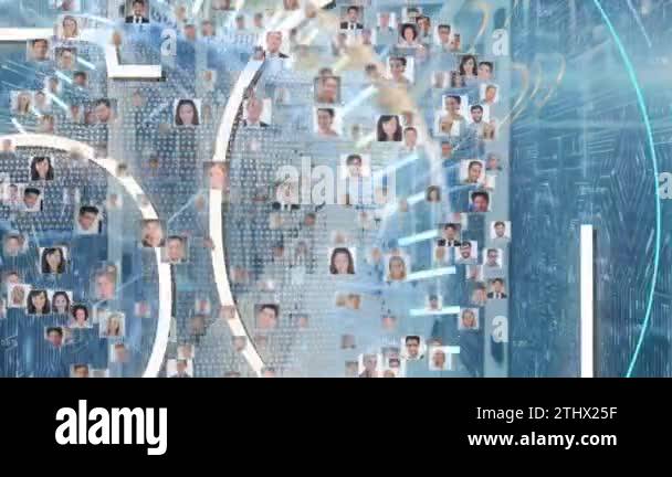 Animation of 5g text with scope scanning and diverse people portraits ...