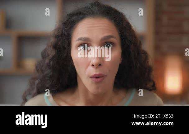 Portrait amazed Hispanic Caucasian business woman lady girl indoors ...