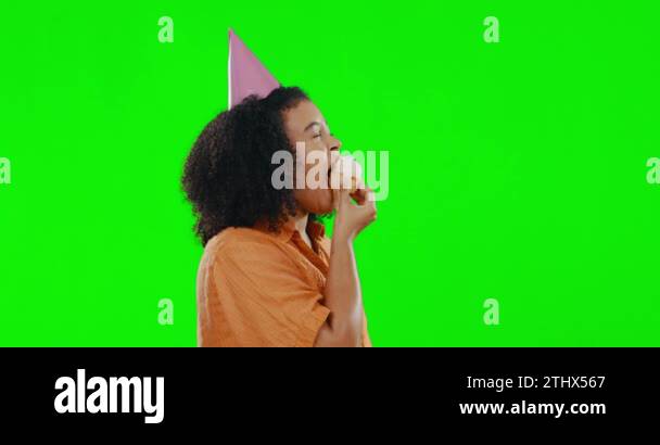 Birthday cupcake, woman and eating with green screen and part hat to ...