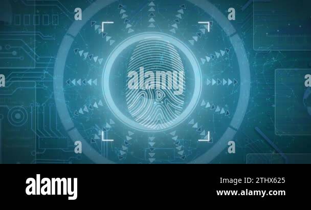 Animation of fingerprint scanner over motherboard and data processing on interface. Global ...