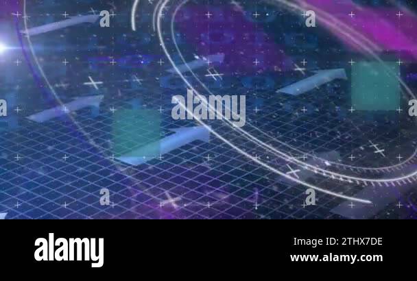 Animation of glitch technique with circles, arrows and lens flare over ...