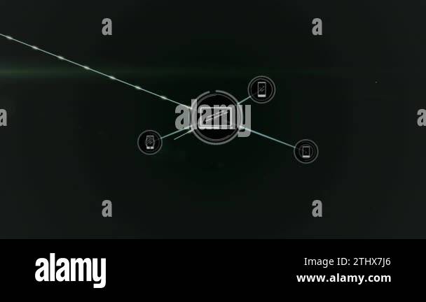 Animation of light beam passing through laptop, mobile icons connecting ...