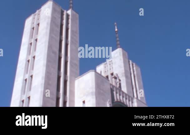 Facade of the Cathedral of Mary Our Queen against a clear blue sky ...