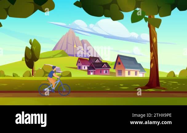2D animated graphics. A boy riding a bicycle in the beautiful nature ...